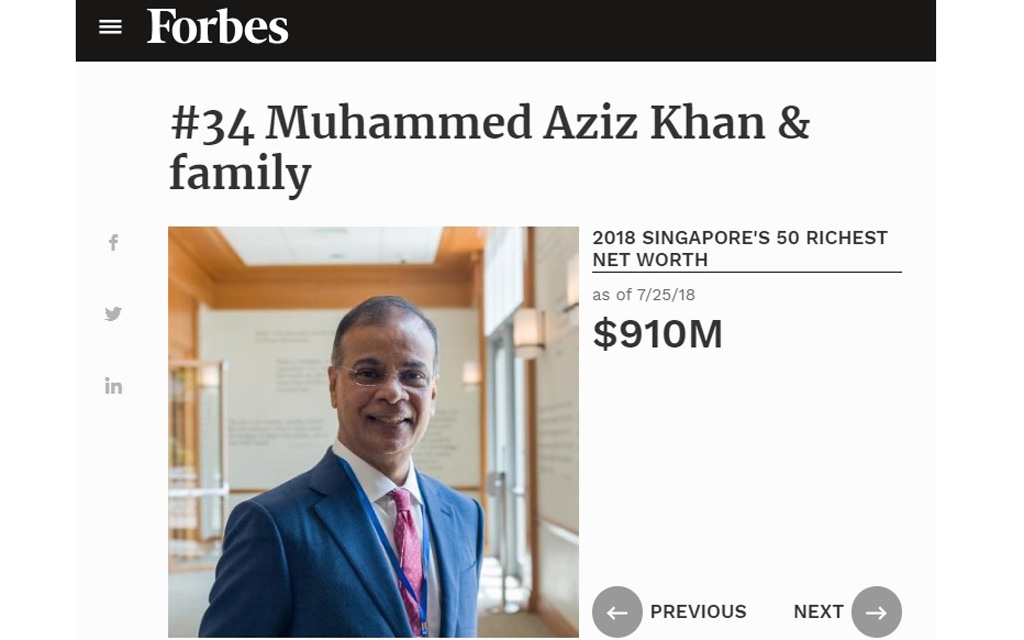 Summit’s Aziz Khan among 50 richest people in Singapore: Forbes