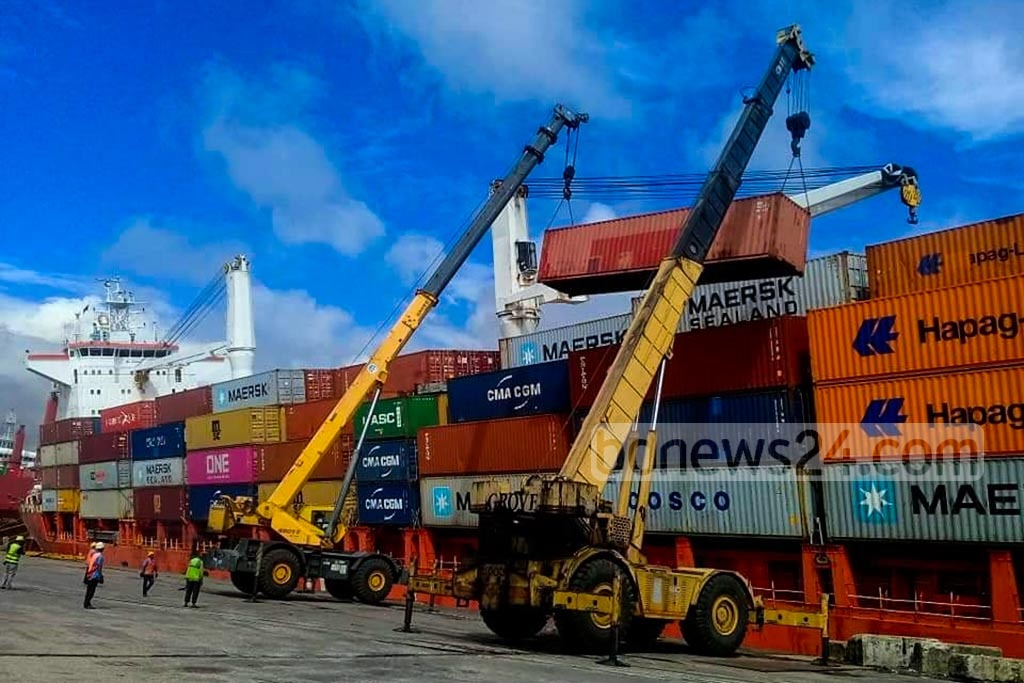 Loaded container ship tilts at Chattogram port